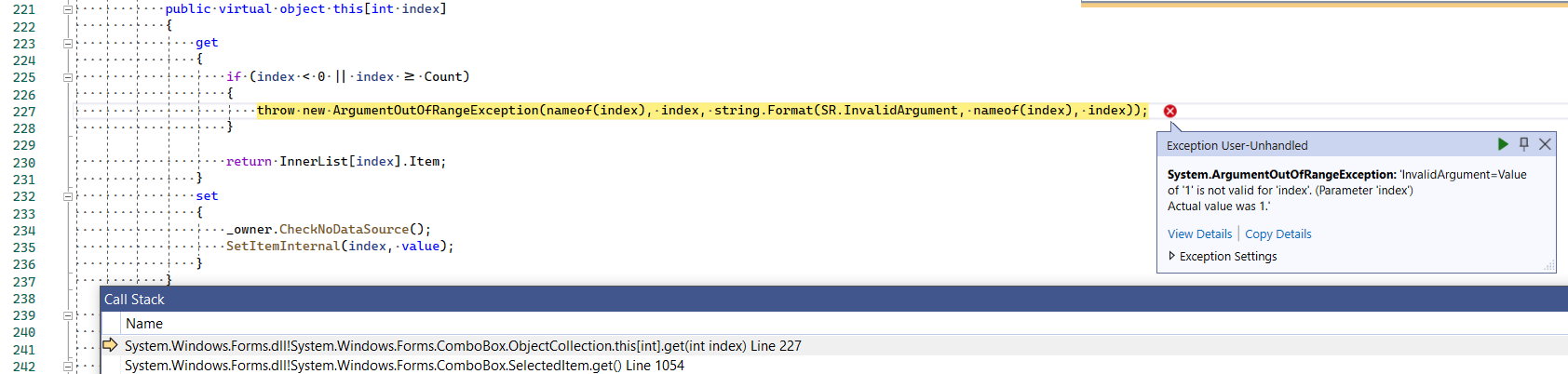 "ComboBox.SelectedItem" property throws an exception if the selected item was removed and Handle ...