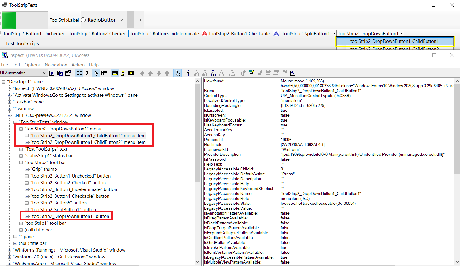The ToolStripDropDownMenu is displayed incorrectly in the UIA tree ...