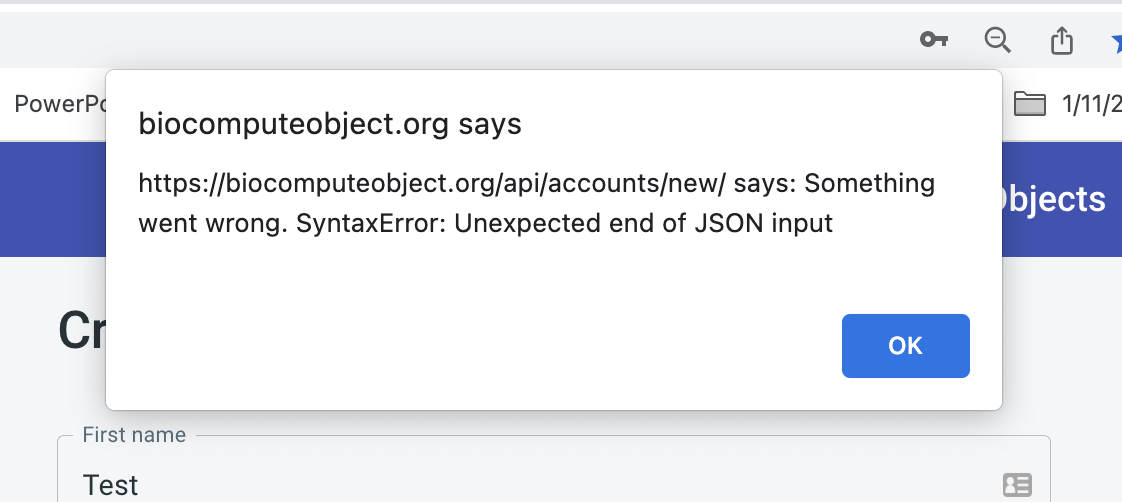 Registration returning error message · Issue #118 · biocompute-objects/portal · GitHub
