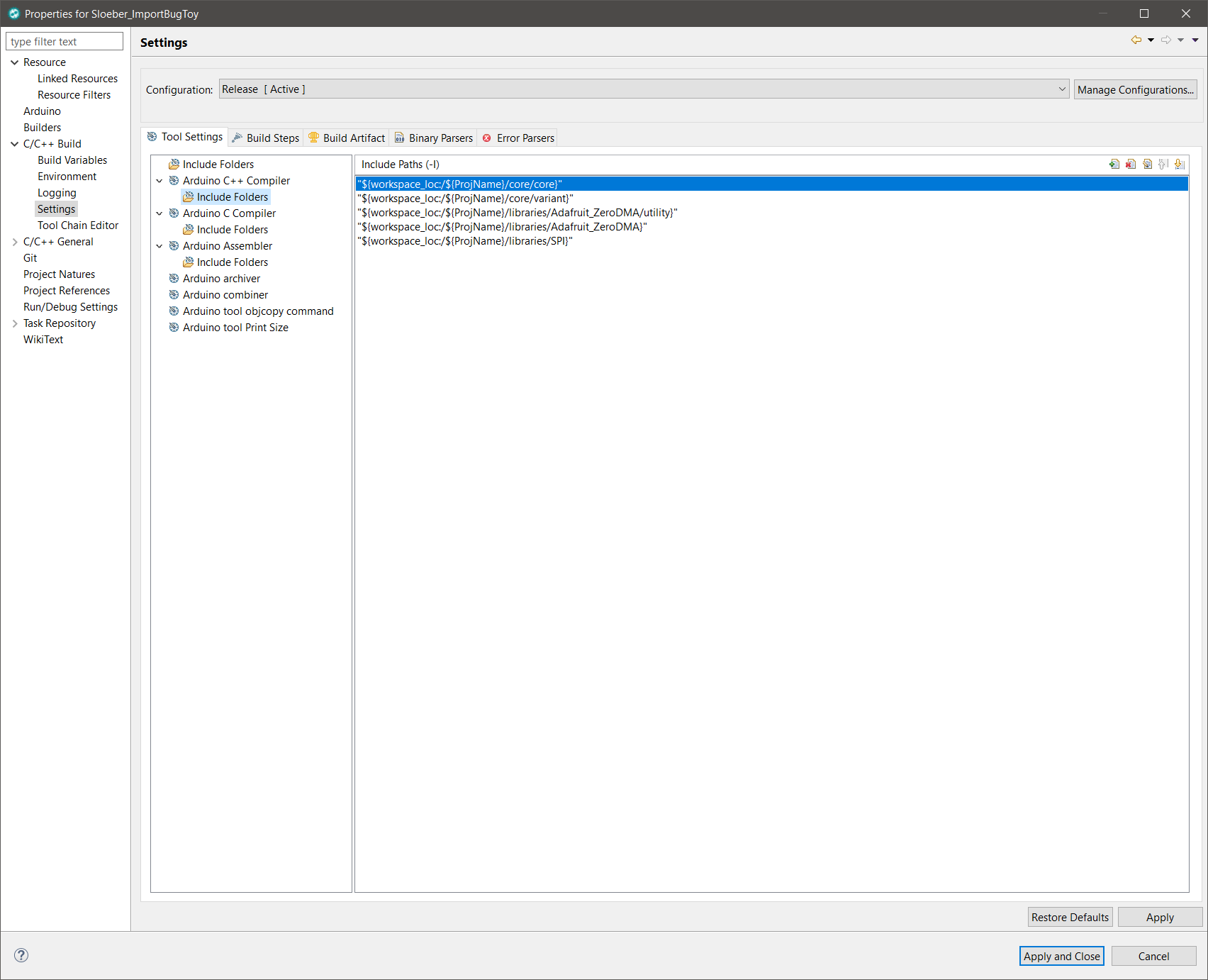 Importing sloeber project is causing links and compile settings to be changed · Issue #1211 ...