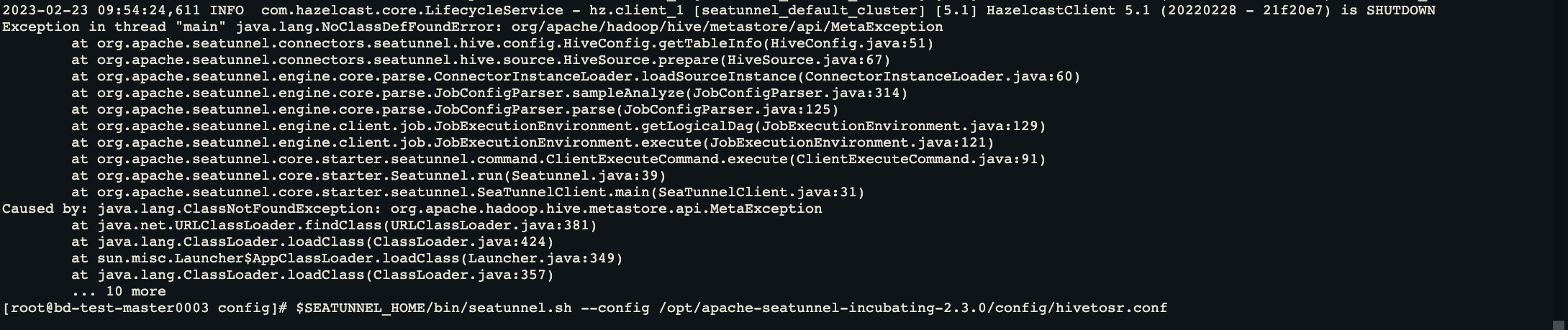 [bug] Java Lang Noclassdeffounderror Org Apache Hadoop Hive Metastore Api Metaexception The
