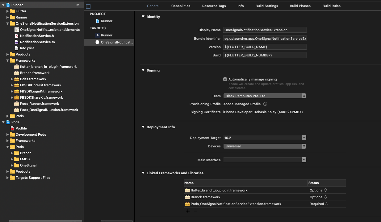 Framework Not Found Branch Onesignalnotificationserviceextension Time Of Creating Archive Bundle