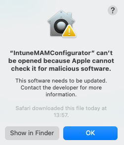 “IntuneMAMConfigurator” can’t be opened because Apple cannot check it for malicious software ...