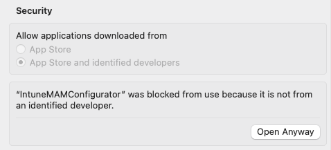 “IntuneMAMConfigurator” can’t be opened because Apple cannot check it for malicious software ...