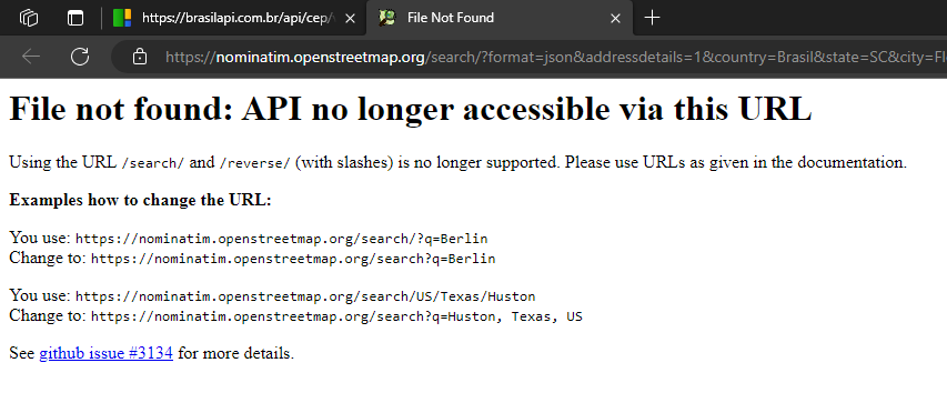 CEP V2 - invalid json response body at https://nominatim.openstreetmap.org/search/?... · Issue ...