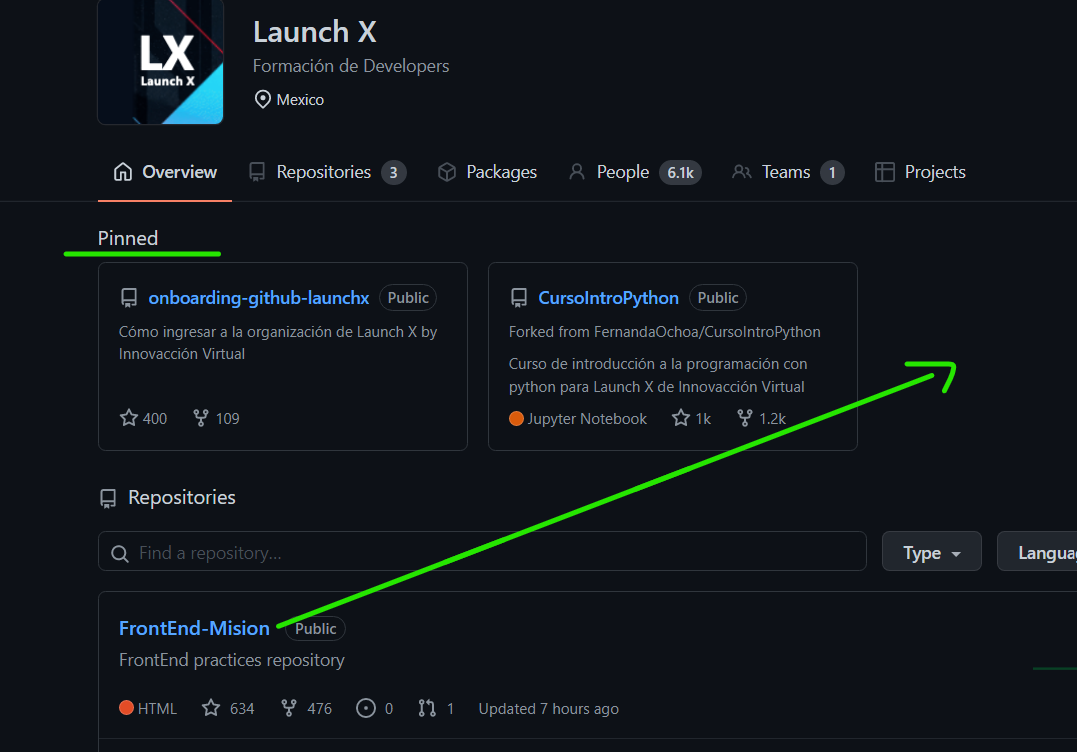 Repositorio FrontEnd-Mision en Pinned · LaunchX-InnovaccionVirtual FrontEnd-Mision · Discussion ...