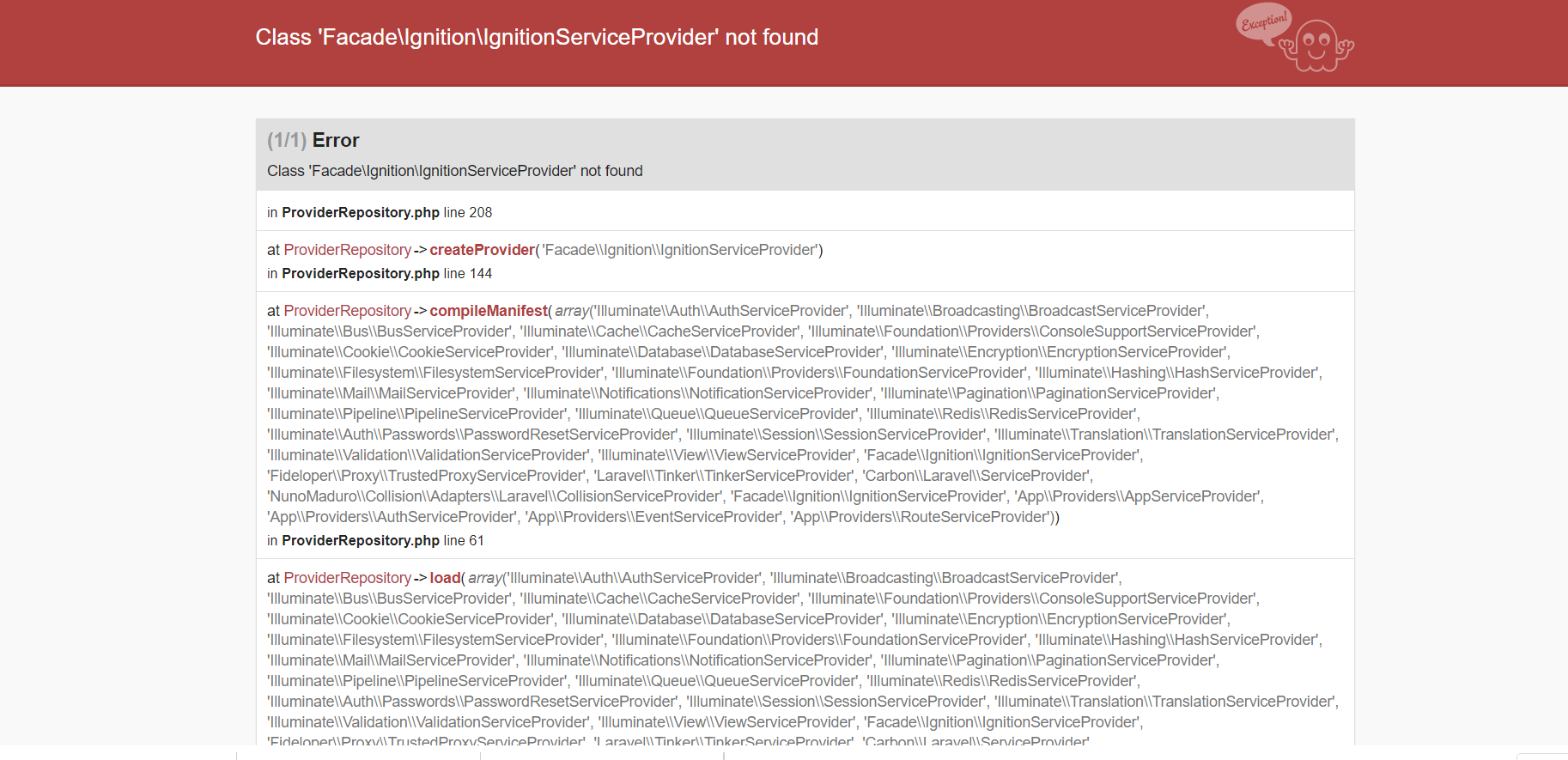 Class 'Facade\Ignition\IgnitionServiceProvider' not found · Issue #986 ...