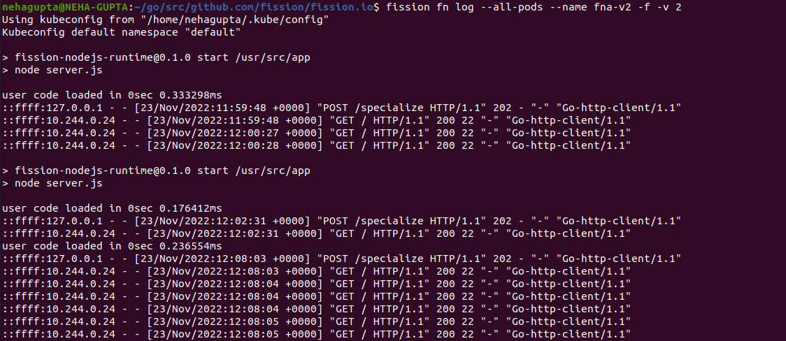Handle logs from all pods in function and error condition in fission fn log command by neha ...