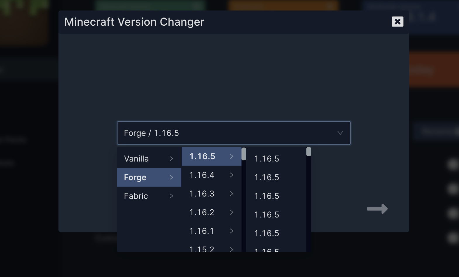 Cannot select the correct Forge Modloader version to update existing ...