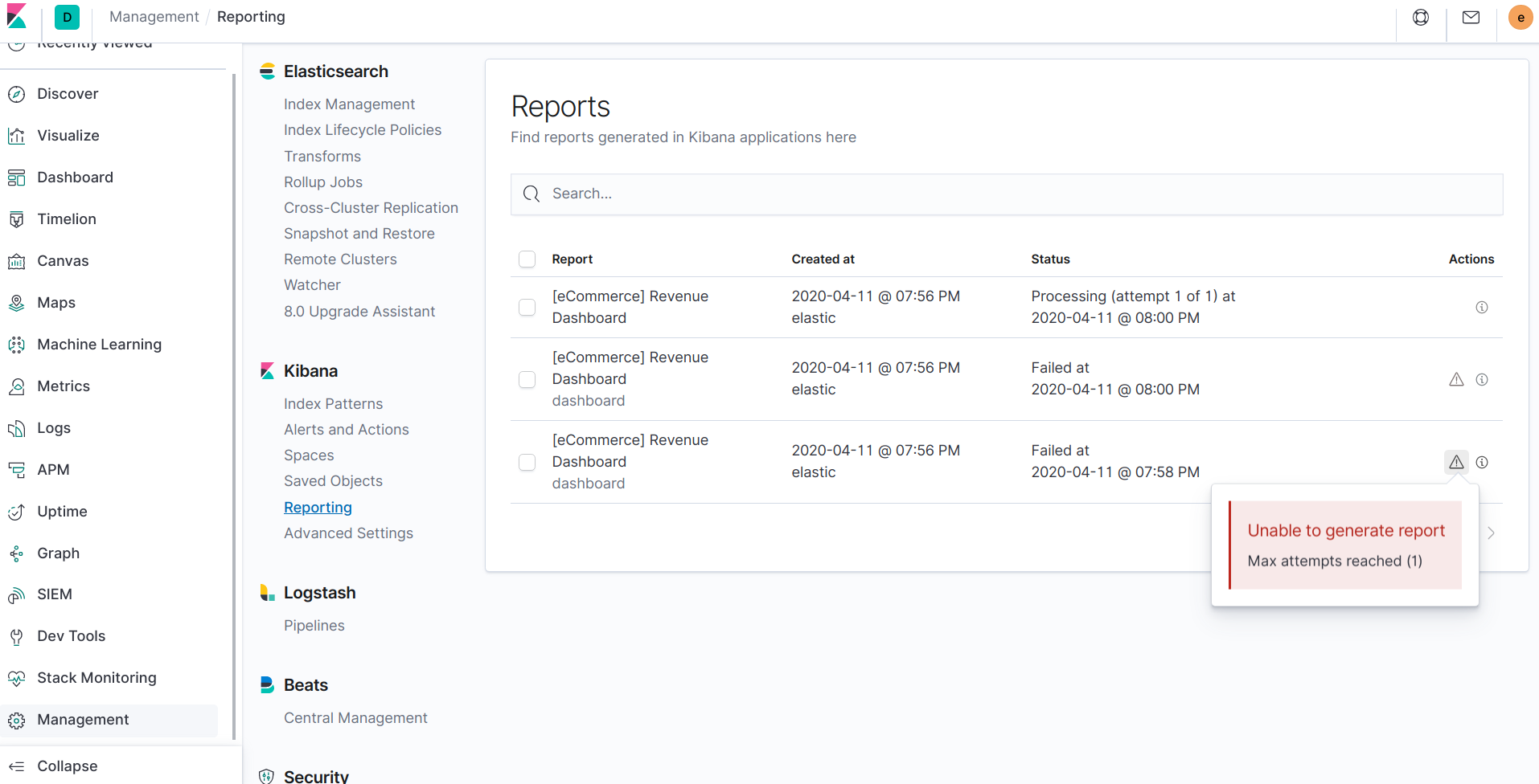 Unable to generate a reports on max attempts reached · Issue #63319 · elastic/kibana · GitHub