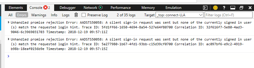 AADSTS50058: A silent sign-in request was sent but none of the currently signed in user(s) match ...
