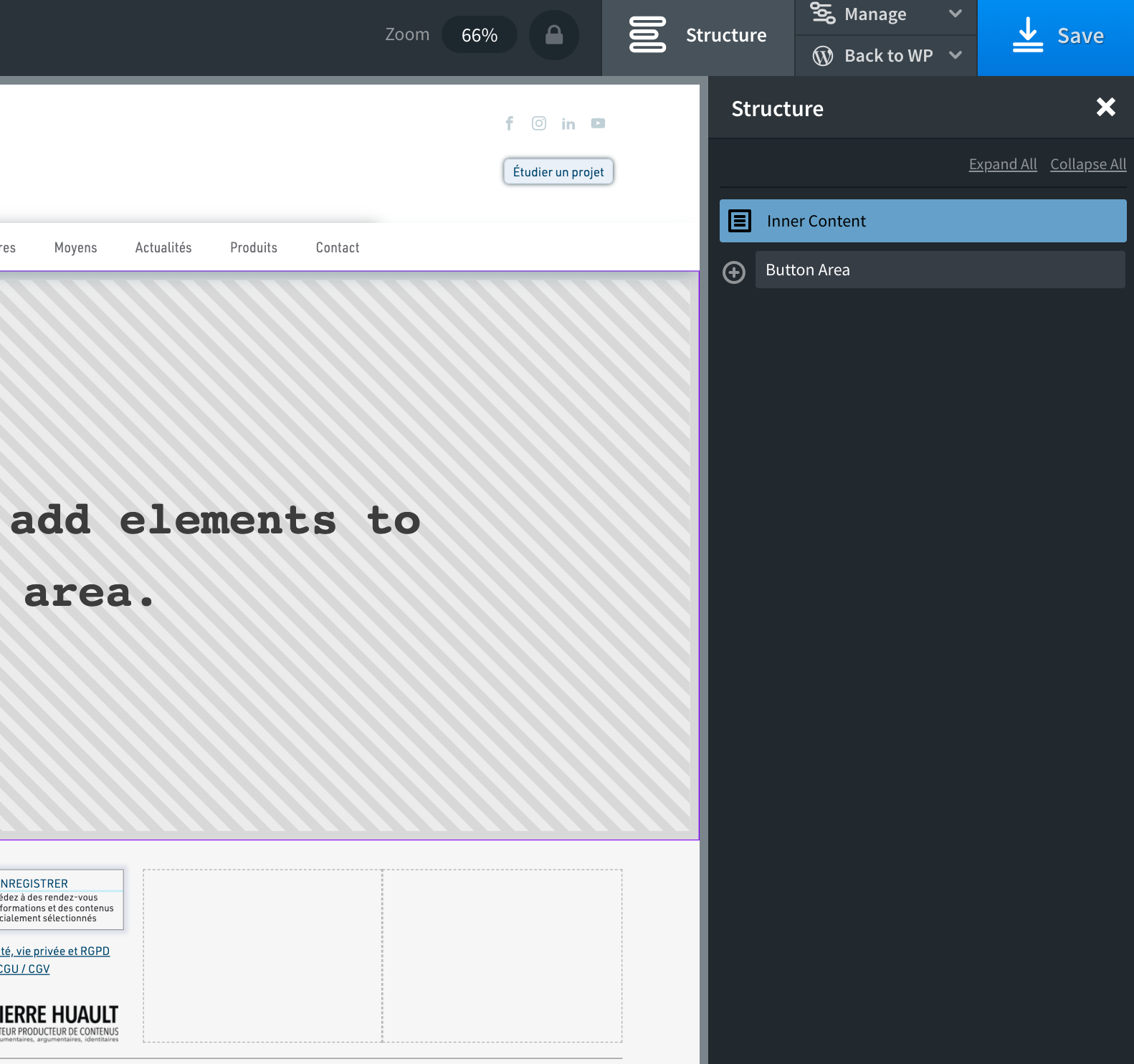 Ghost "button area" elements appear at the bottom of every inner content page structure ...