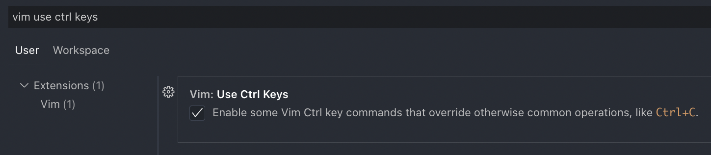 Turn on the "vim: use ctrl keys" option will make "vim.useCtrlKeys" disappear from settings.json ...