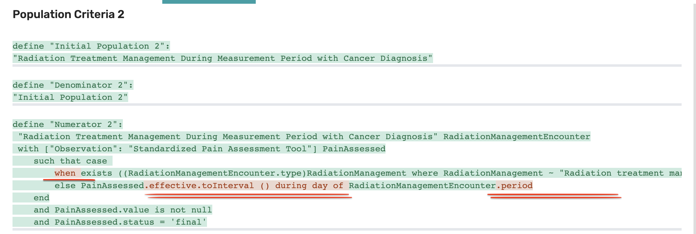 Calculation issue: few CQL clauses are not highlighted in green · Issue #279 · projecttacoma/fqm ...
