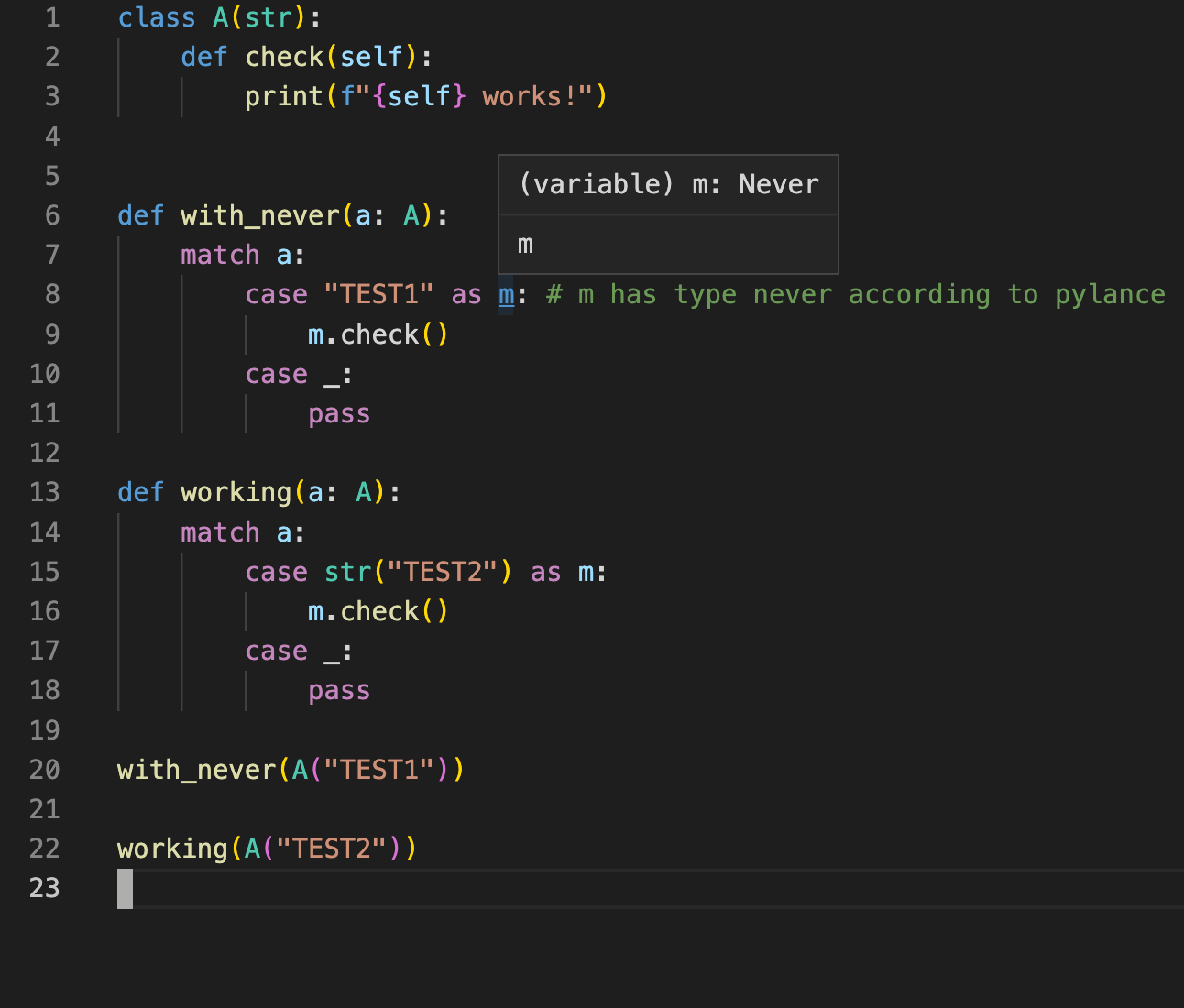 Type Is Never When Pattern Matching On Type That Inherits From Str · Issue 3883 · Microsoft