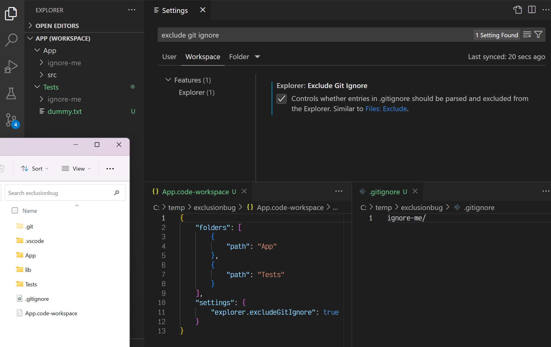 explorer.excludeGitIgnore is not working in a multiroot workspace when .gitignore is outside the ...