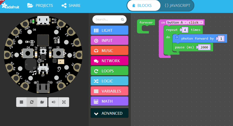 Block 'photon forward by 1' shows differently on Edge · Issue #308 · microsoft/pxt-adafruit · GitHub
