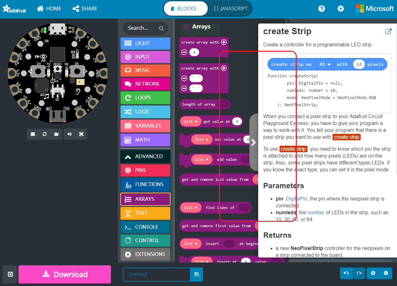 The help document covers the block selection menu · Issue #652 · microsoft/pxt-adafruit · GitHub