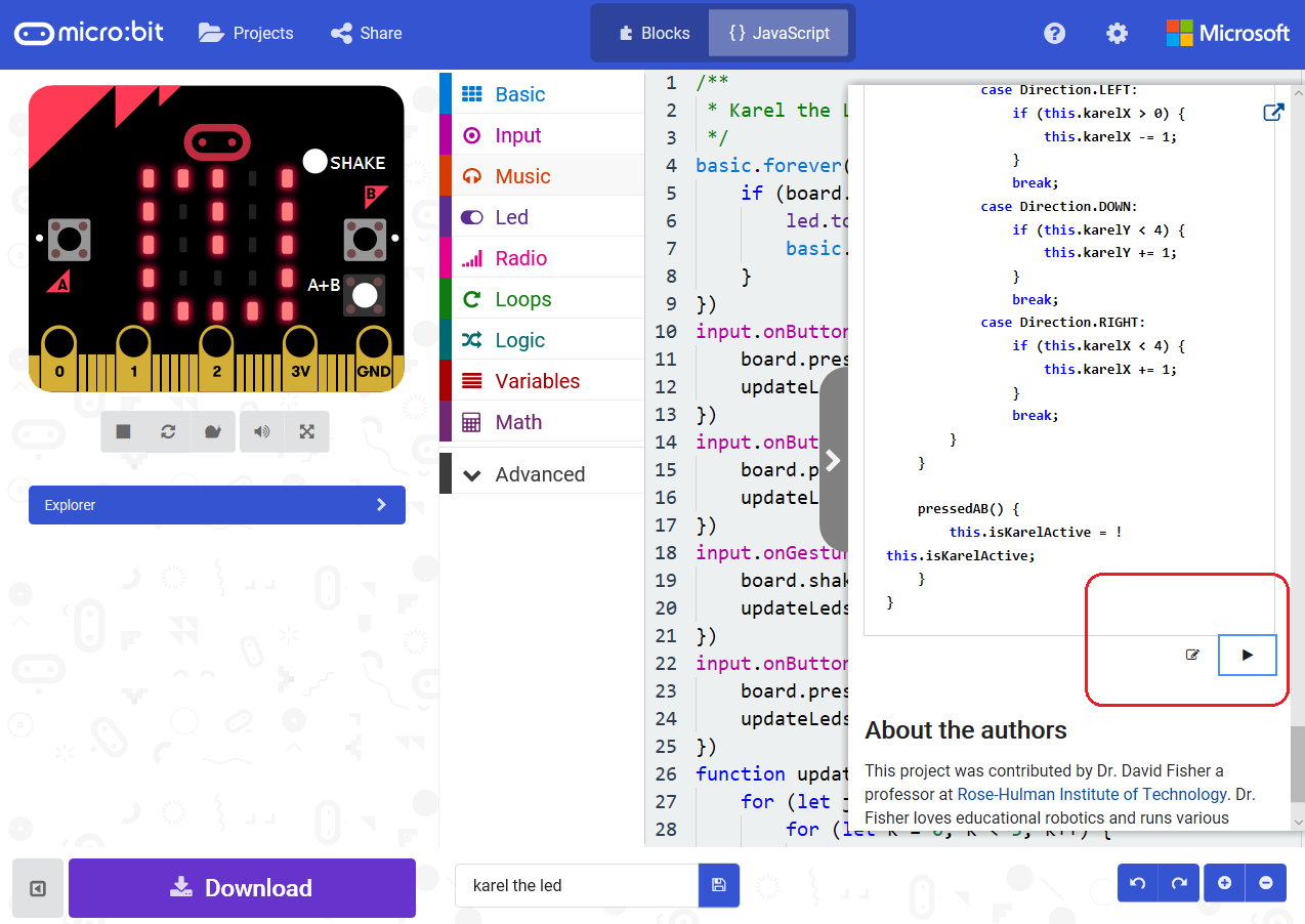 There is no download button for "Karel the LED" code in tutorial · Issue #851 · microsoft/pxt ...