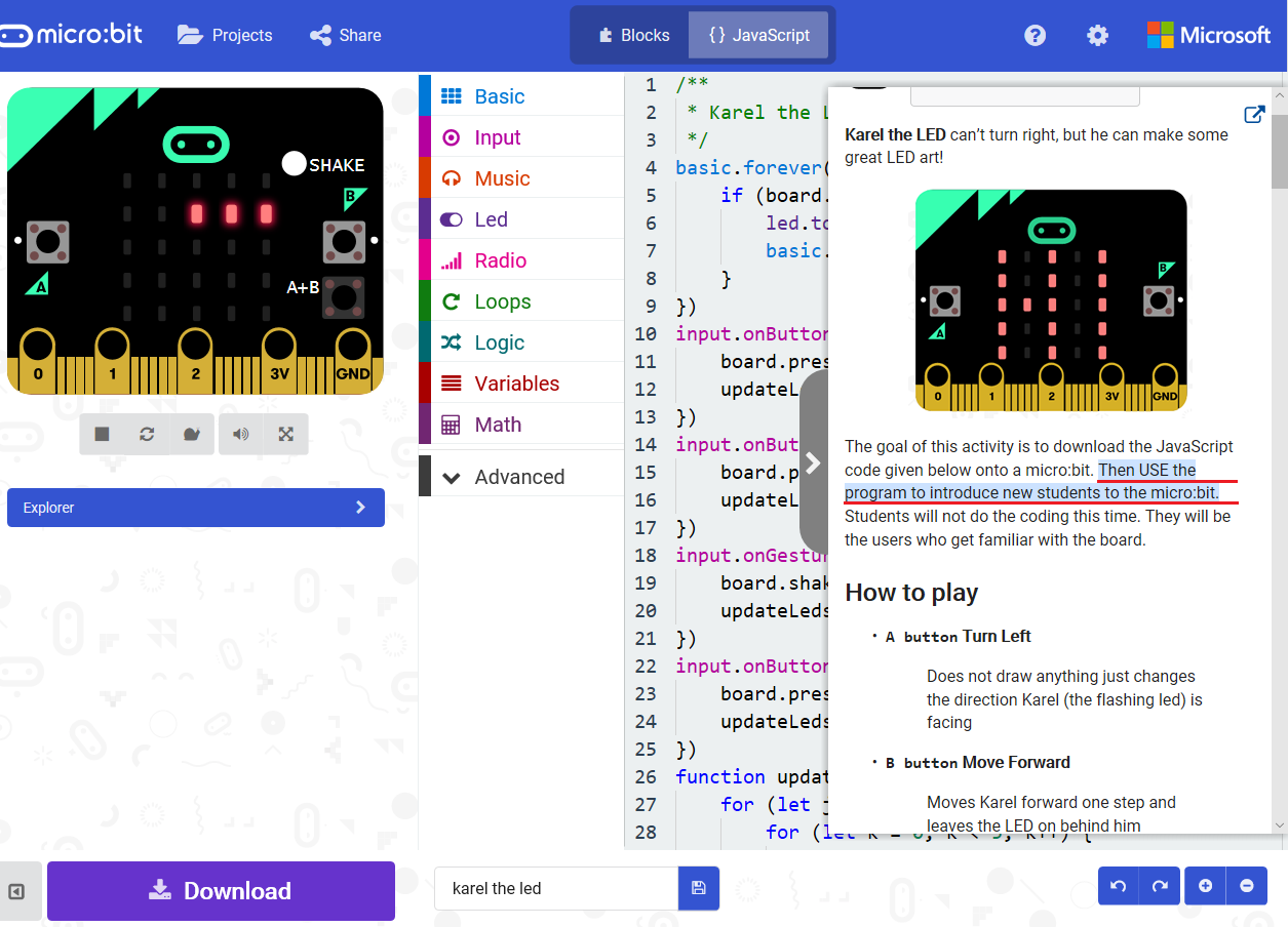 Project "Karel the LED" tutorail text error · Issue #852 · microsoft/pxt-microbit · GitHub