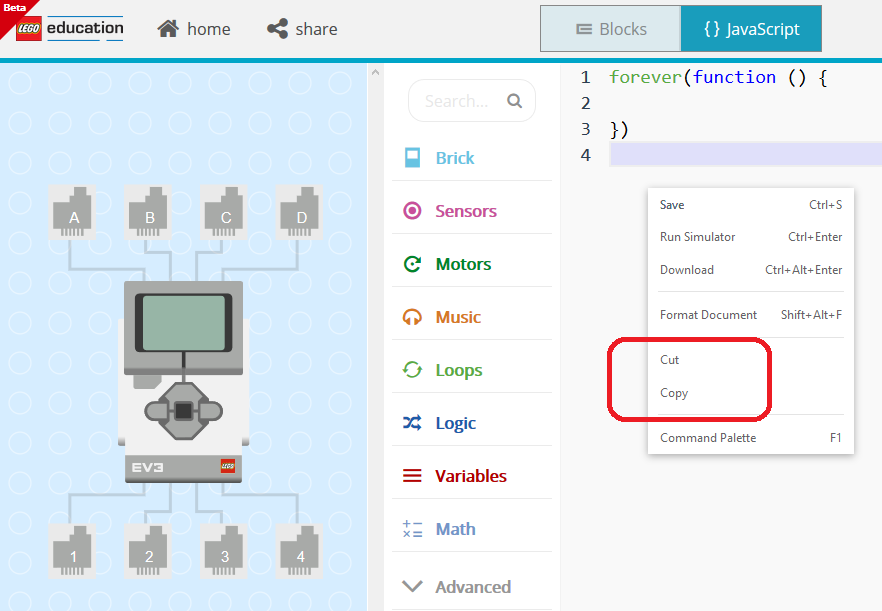 There is no paste function on JavaScript content pane except IE · Issue #768 · microsoft/pxt-ev3 ...
