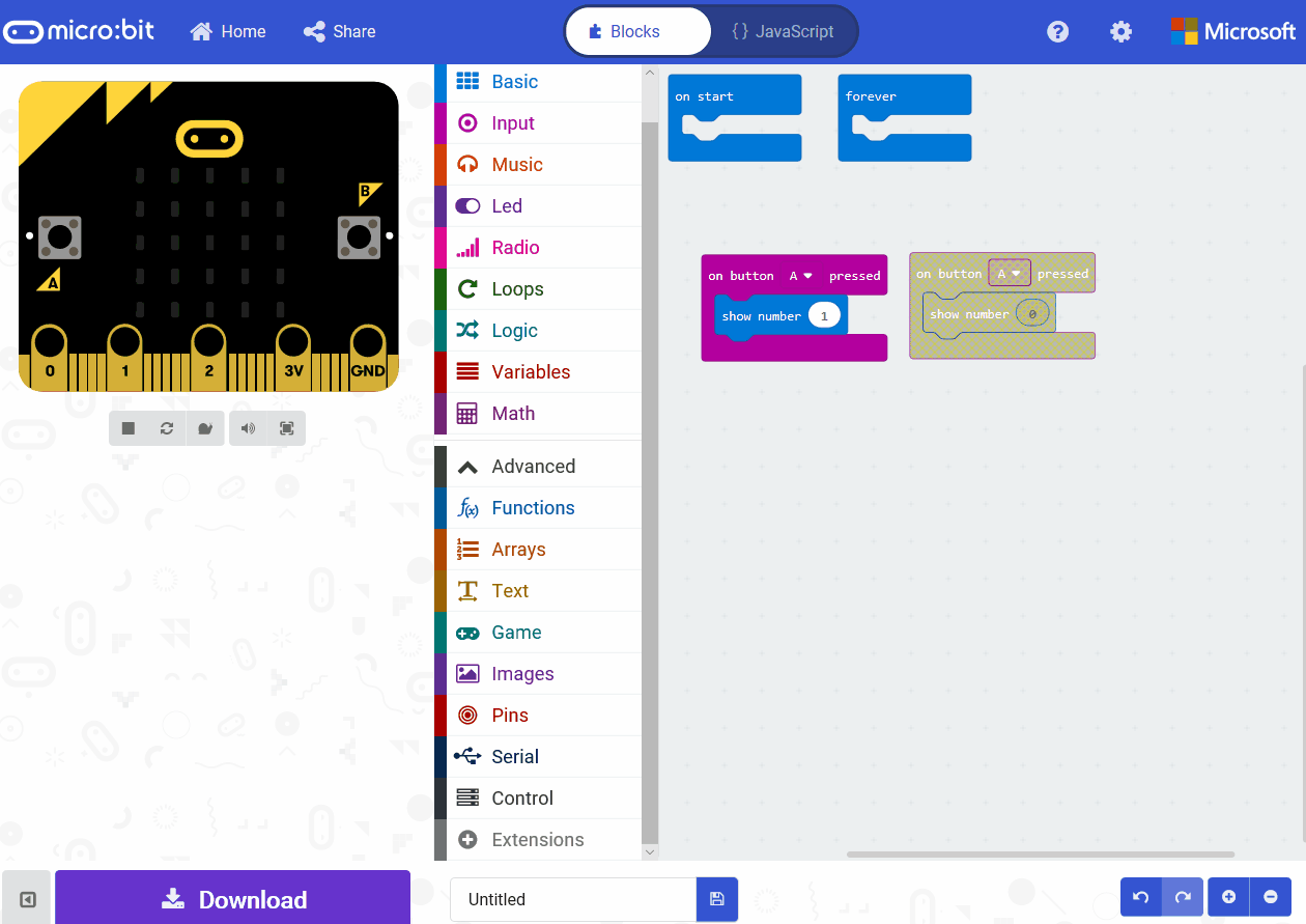 The first "on button A pressed" block disabled when changing its position · Issue #1310 ...