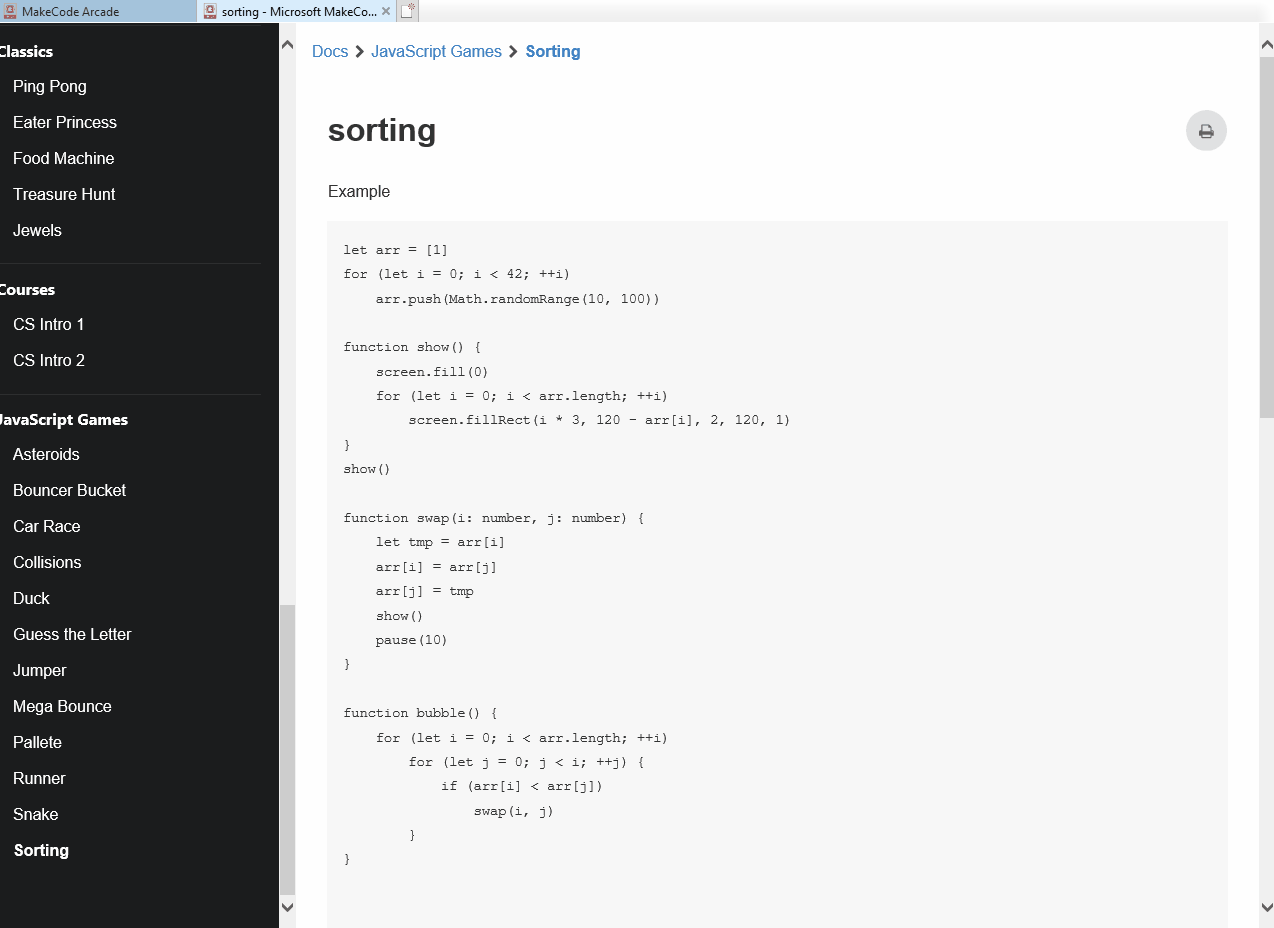 An error shows when running "Sorting" code · Issue #554 · microsoft/pxt-arcade · GitHub