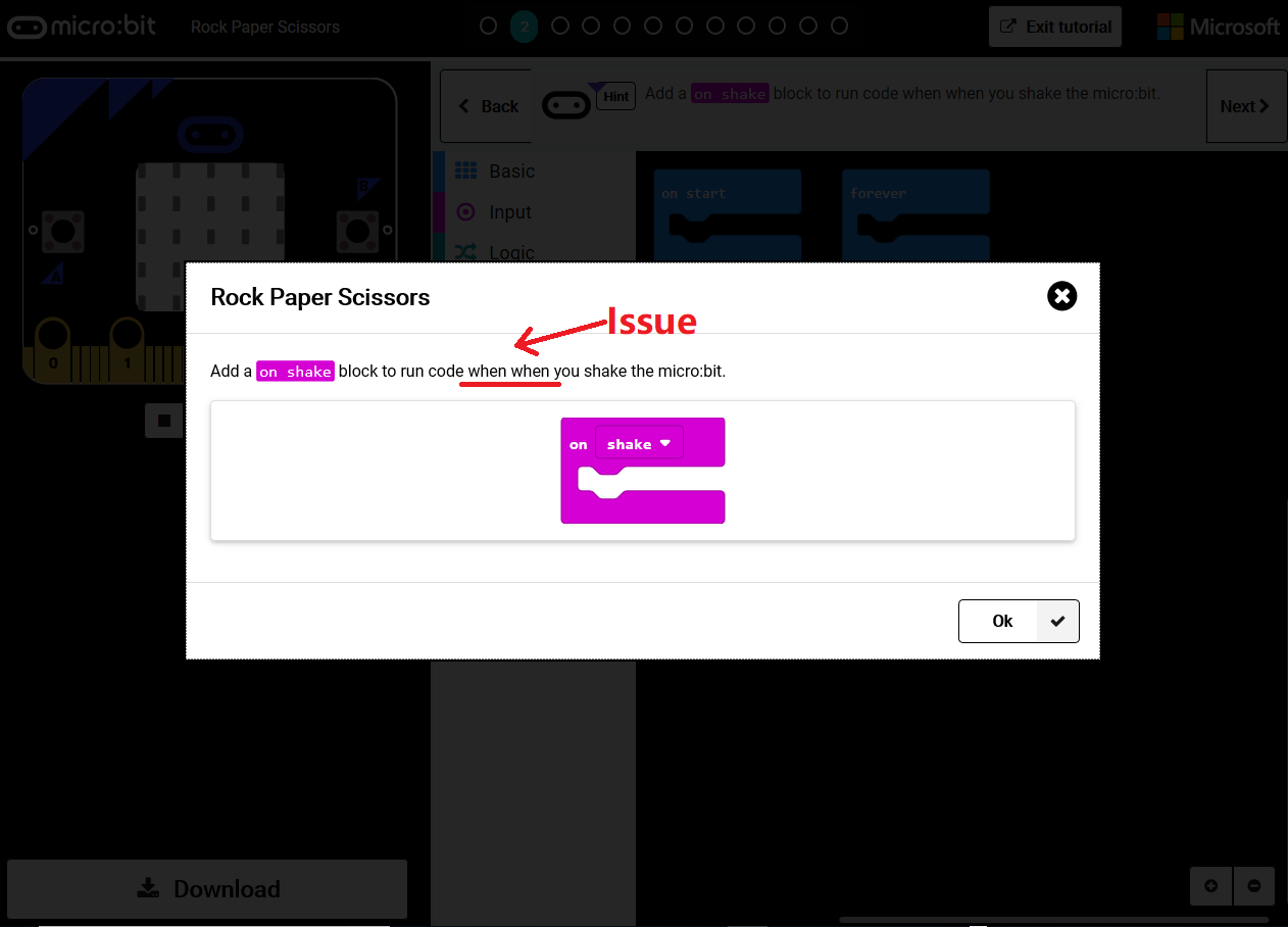 There is an extra "when" in tutorial "Rock Paper Scissors" 2th step ...