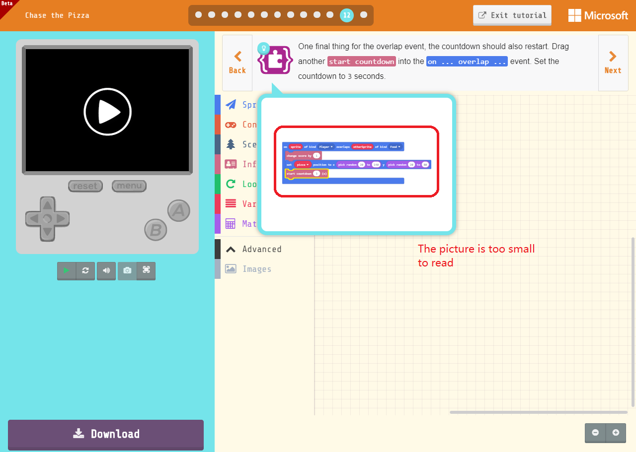 Some hints are too small to read in tutorials · Issue #1069 · microsoft/pxt-arcade · GitHub