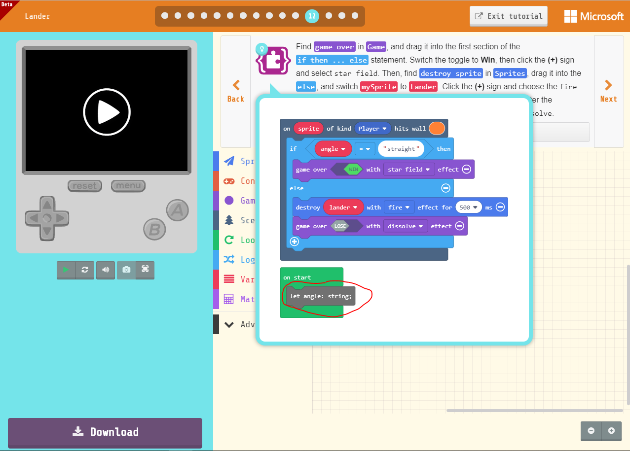 Code shows in tutorial "Lander" 12th step · Issue #1226 · microsoft/pxt-arcade · GitHub