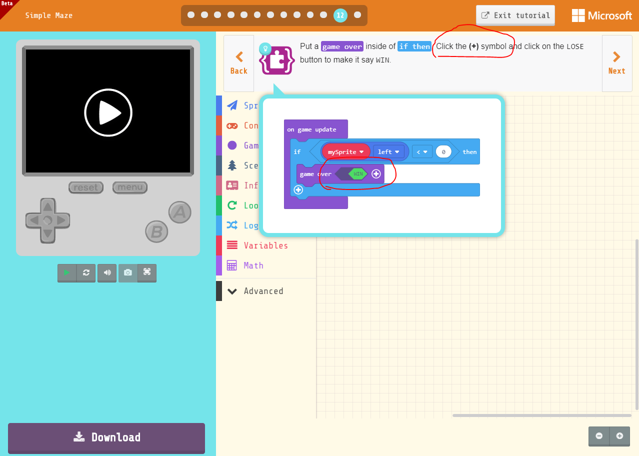 Extra action in tutorial "Simple Maze" 12th step · Issue #1259 · microsoft/pxt-arcade · GitHub