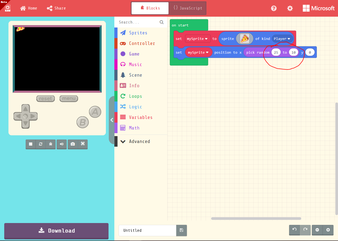 Negative number can't be input in block "pick random" · Issue #1380 · microsoft/pxt-arcade · GitHub