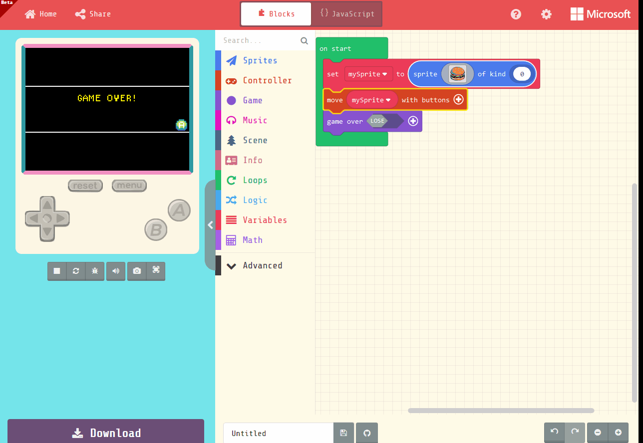 Clicking "+" on block "game over" doesn't work · Issue #1455 · microsoft/pxt-arcade · GitHub