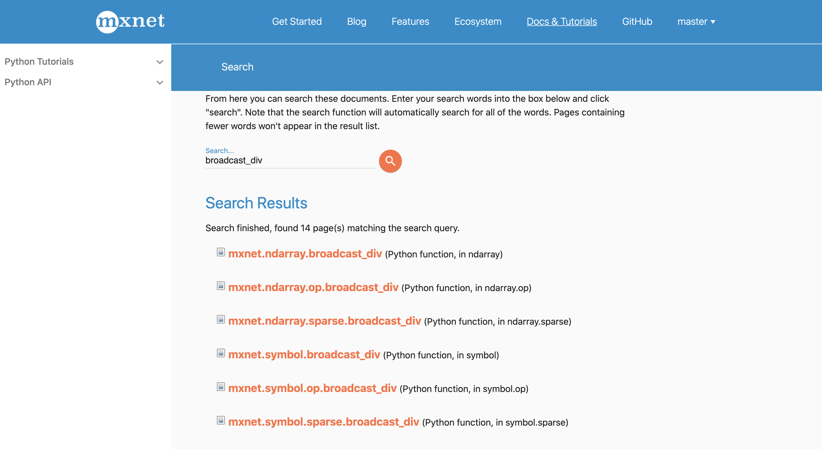 in new doc,search "broadcast_div" only find sparse · Issue #16293 · apache/mxnet · GitHub