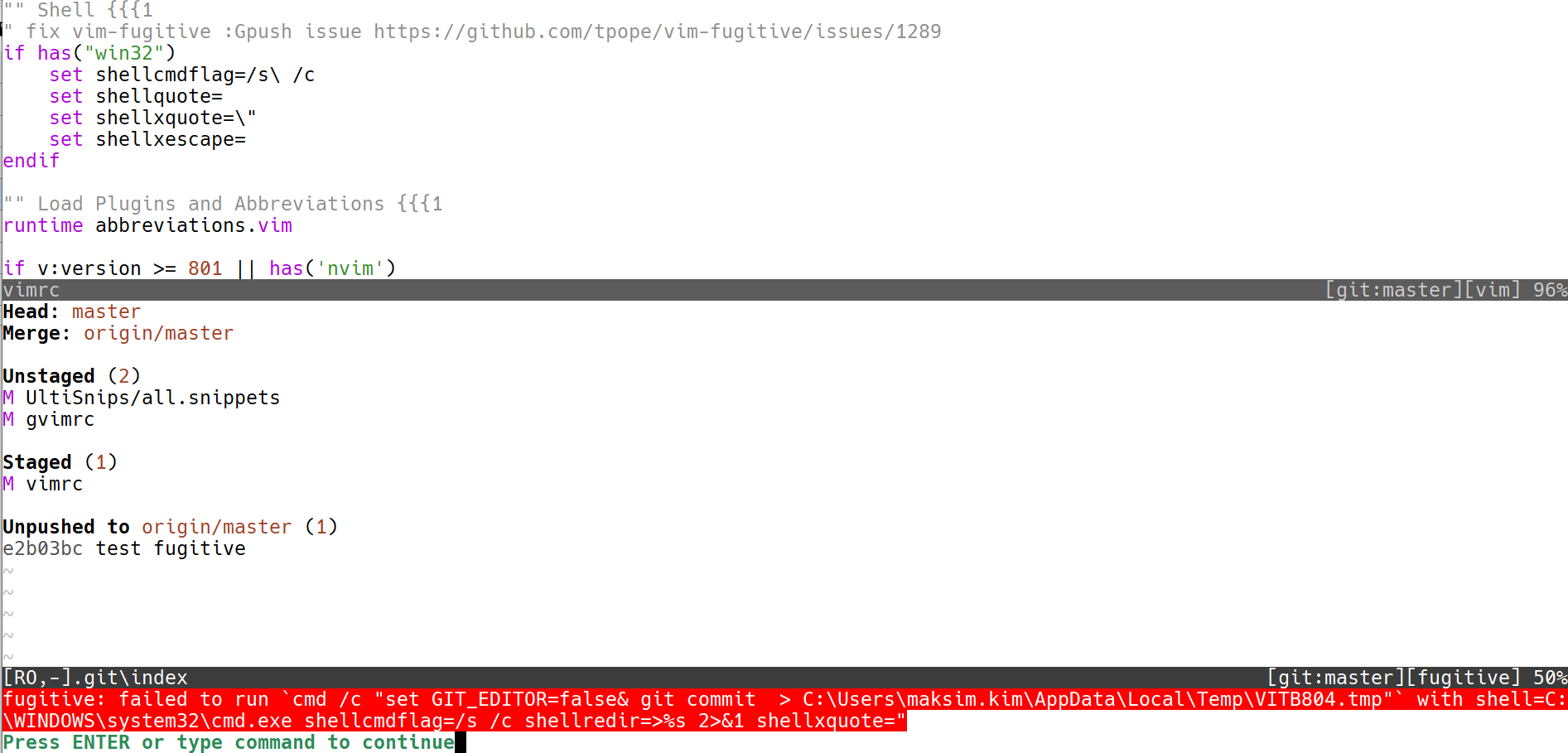 Gpush doesn't push (win10, vim) · Issue #1289 · tpope/vim-fugitive · GitHub