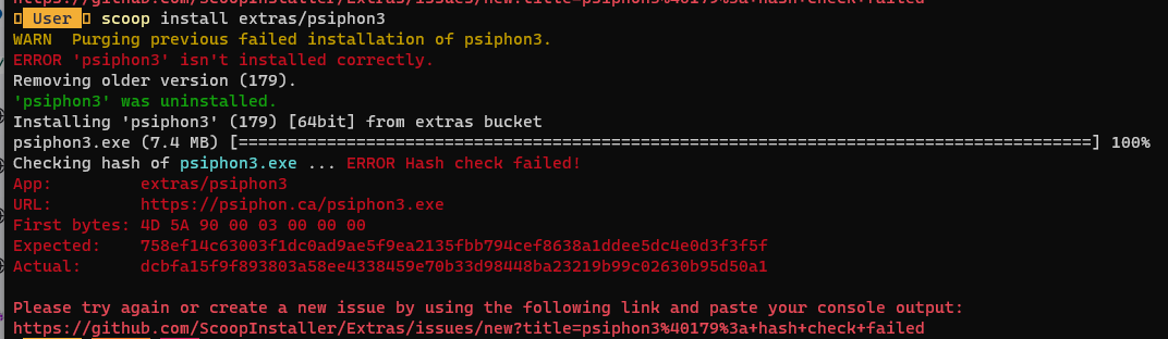 hash check fail on 'scoop install extras/psiphon3' · Issue #5578 · ScoopInstaller/Scoop · GitHub
