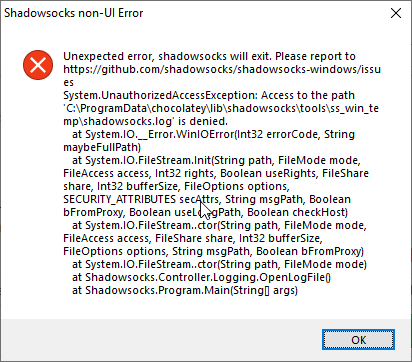 Startup error - (Installed from Chocolatey) · Issue #2624 · shadowsocks/shadowsocks-windows · GitHub