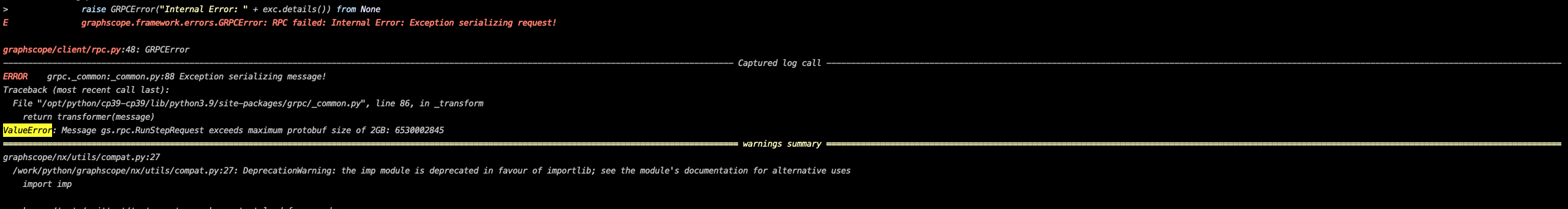 [BUG] ValueError: Exceeds maximum protobuf size of 2GB · Issue #1290 · alibaba/GraphScope · GitHub