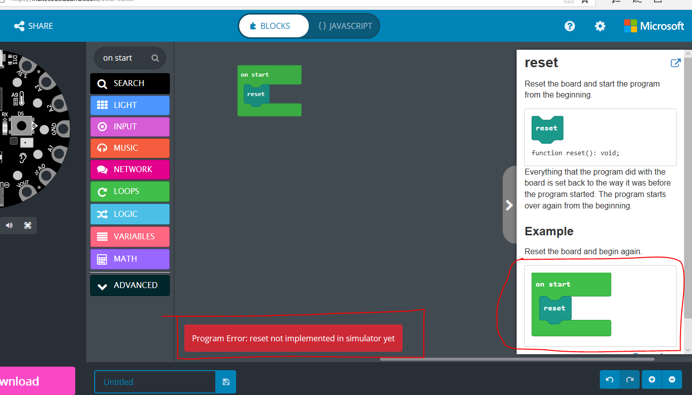 Follow the document example, there is an error that when putting the 'reset' under 'on start ...