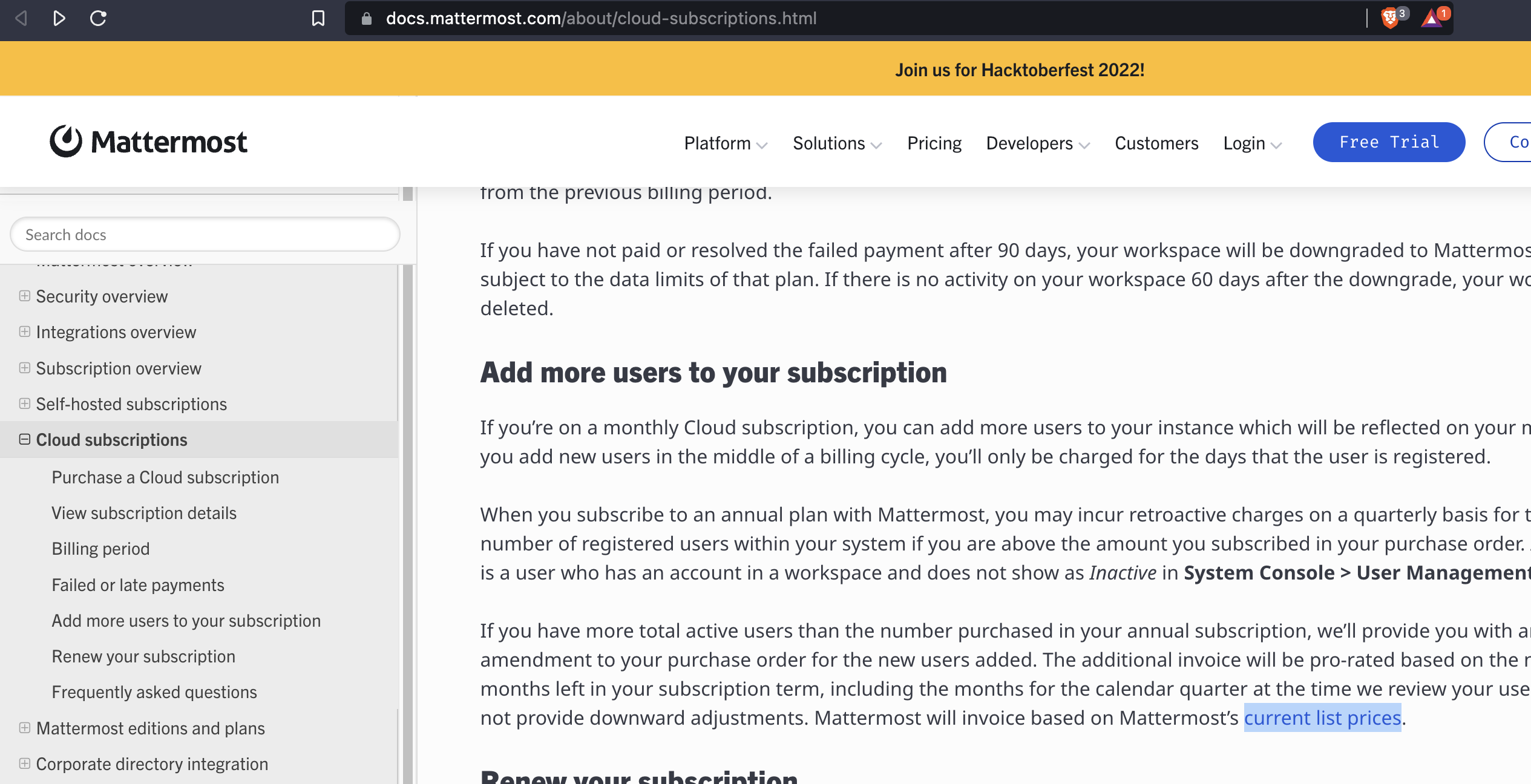 [Bug] - 404 Link at Cloud Subscriptions Page · Issue #5974 · mattermost/docs · GitHub