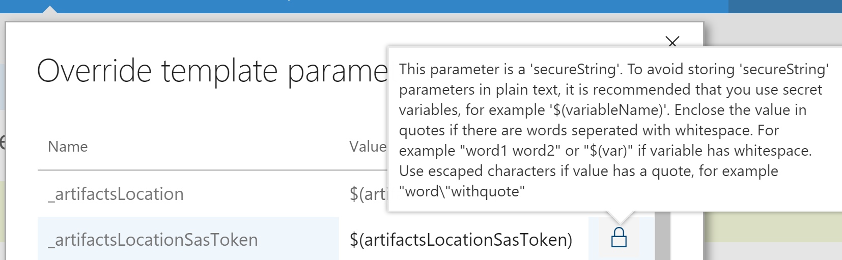 Override Template Parameters not working for securestring on V2 (not fixed yet) · Issue #7622 ...
