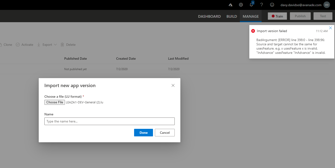 bf luis:convert: Error of "Roles must be unique across entity types." triggers by having ...