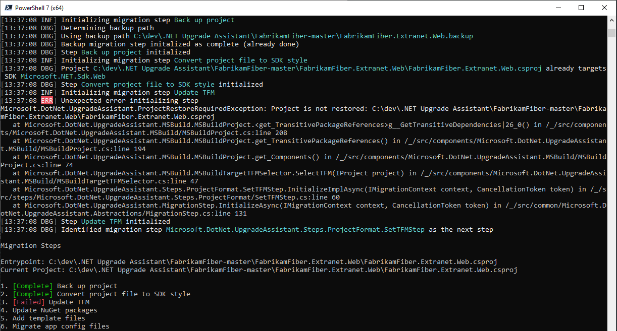 Bug: Upgrade Assistant could not set the TFM because the package restore failed for .NET ...