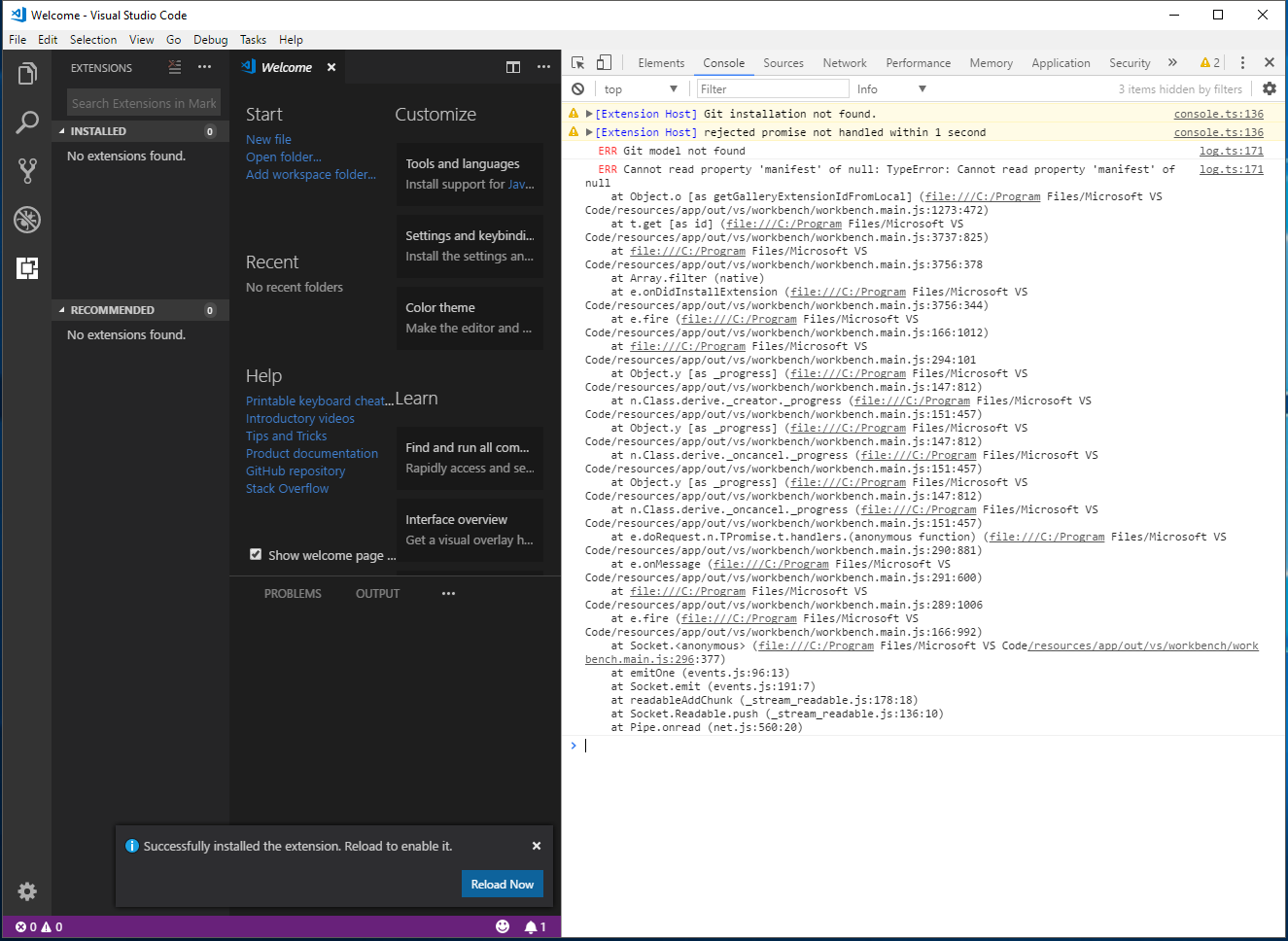 Error occurs in console log when installing extensions from local vsix file · Issue #49814 ...
