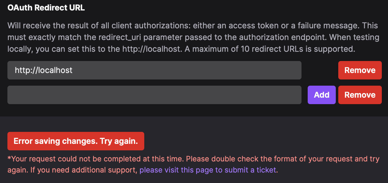 Cannot add redirect url in extension configuration · Issue #306 · twitchdev/issues · GitHub