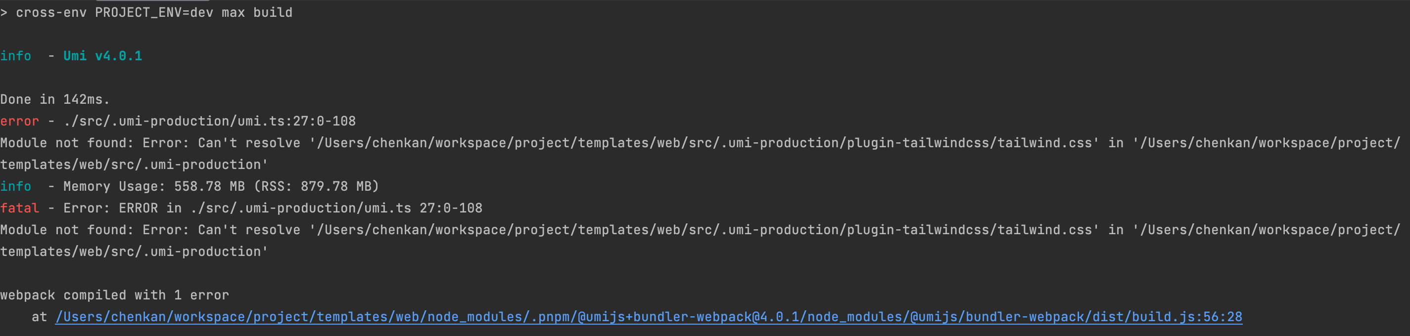 [Bug] umi4 使用tailwind生成器生成配置后，max build报错 · Issue #8246 · umijs/umi · GitHub