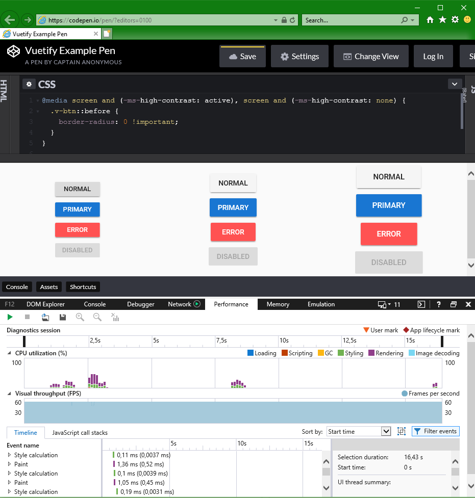 [Bug Report] v-btn (Raised), constant high CPU load in IE11 · Issue #4045 · vuetifyjs/vuetify ...