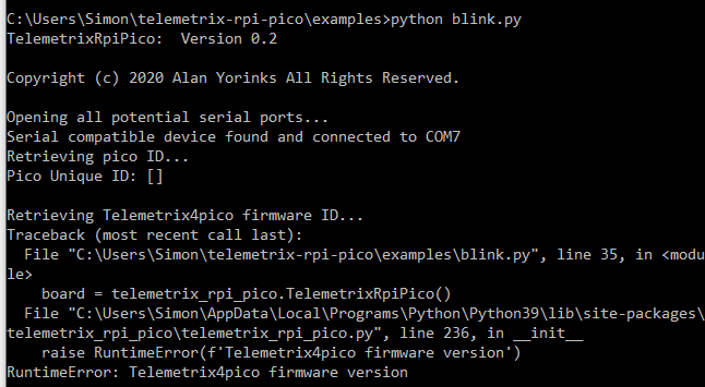 Initial error when trying blink · Issue #1 · MrYsLab/telemetrix-rpi ...