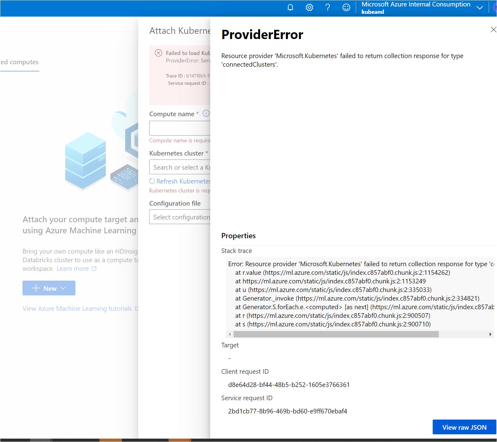 Attaching Kuberntes To Aml For Training Fails With An Internal Error Message After 20 Min