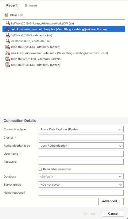 Kusto (recent or saved) connection does not get auto populated in connection details · Issue ...